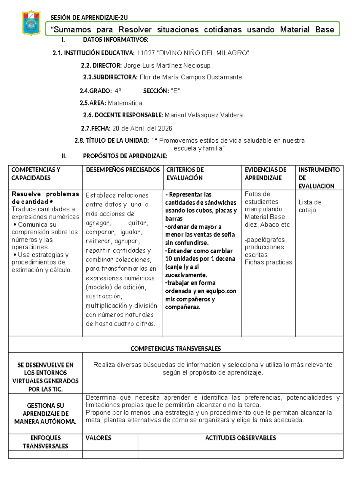Sesión de Aprendizaje: Sumas con Material Base Diez - 4º Grado - 20/04 ...