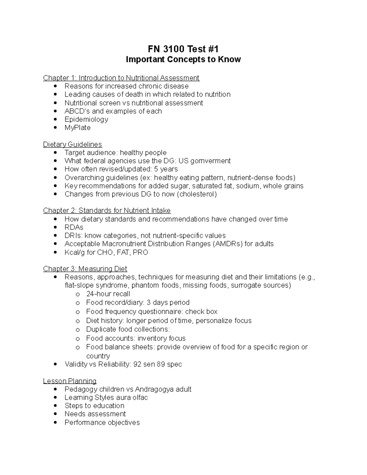 2024 FN 3100 Test 1 Study Guide - FN 3100 Test Important Concepts to ...