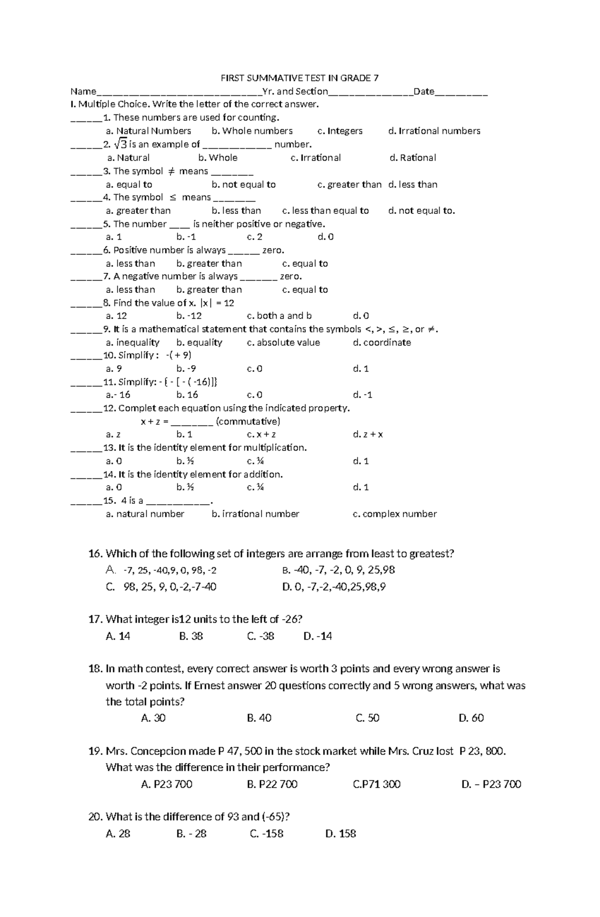 Grade 7 Math Reviewer: First Summative Test MCQs - Studocu
