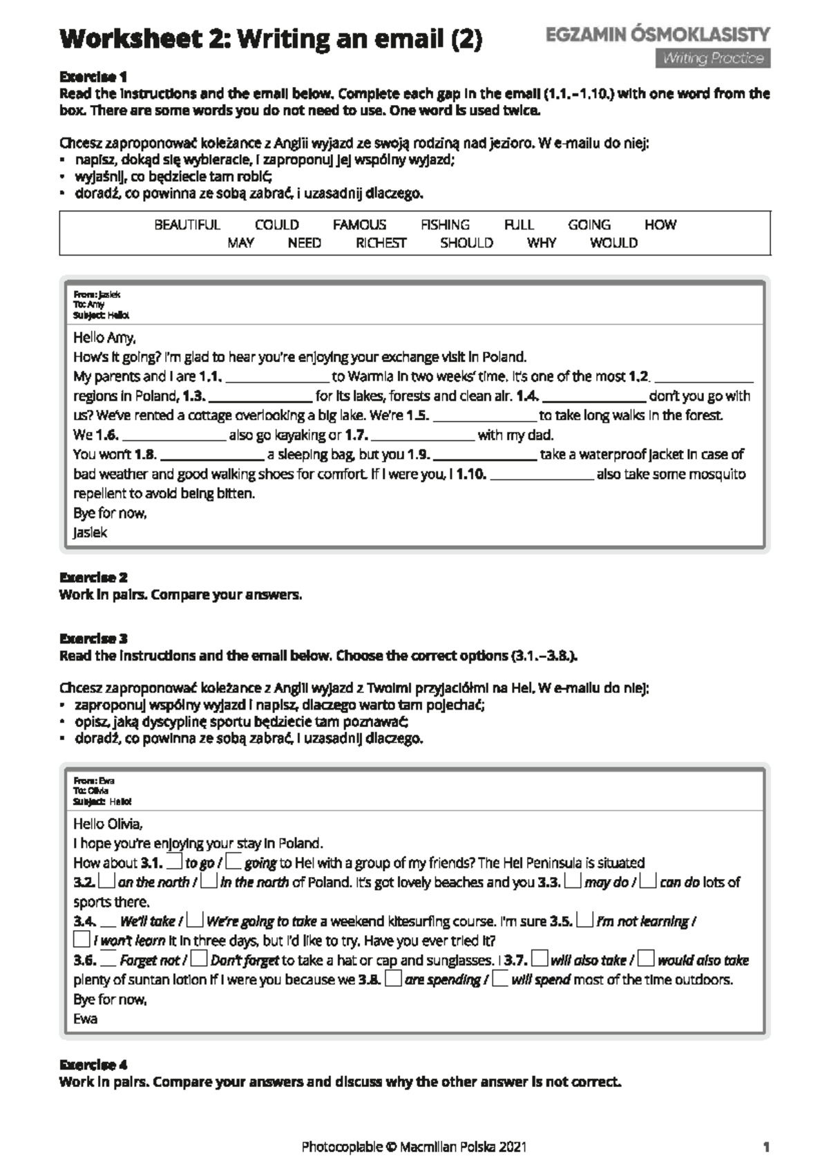 Worksheet 2: Writing Emails Practice EGZAMIN ÓSMOKLASISTY - Studocu