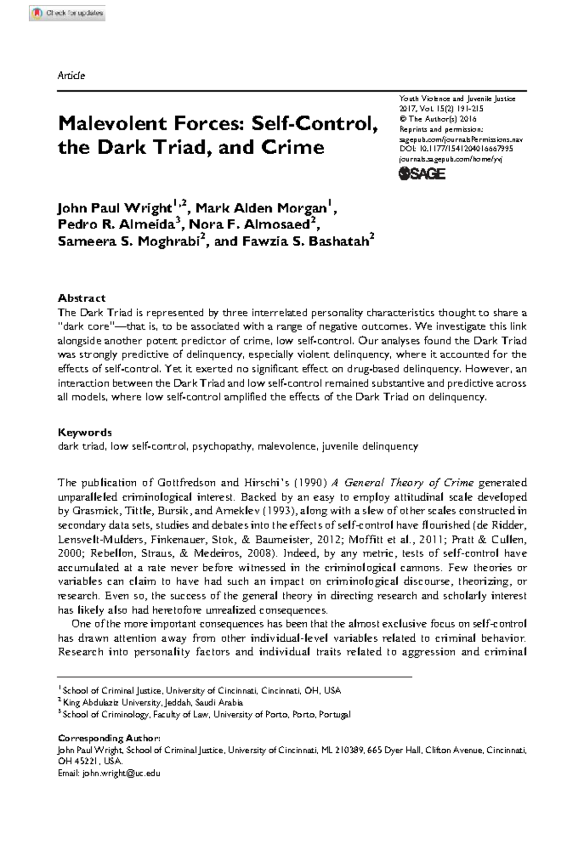 Malevolent Forces: The Dark Triad, Self-Control, and Juvenile Crime ...
