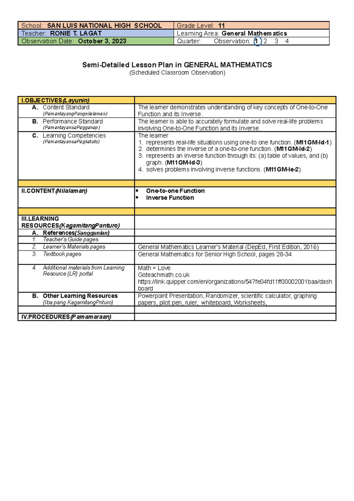 Semi-Detailed Lesson Plan on One-to-One & Inverse Functions (CO-1 ...