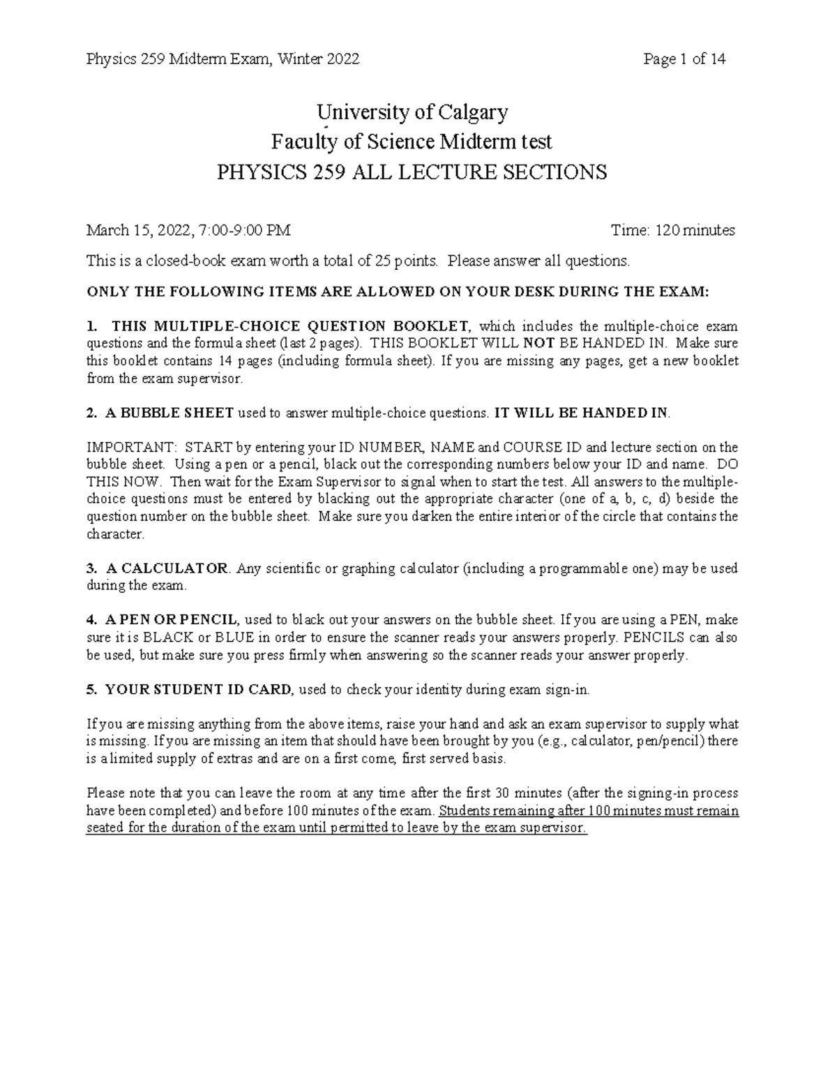 Midterm 1 Physcis 2022 Winter - University of Calgary Faculty of ...