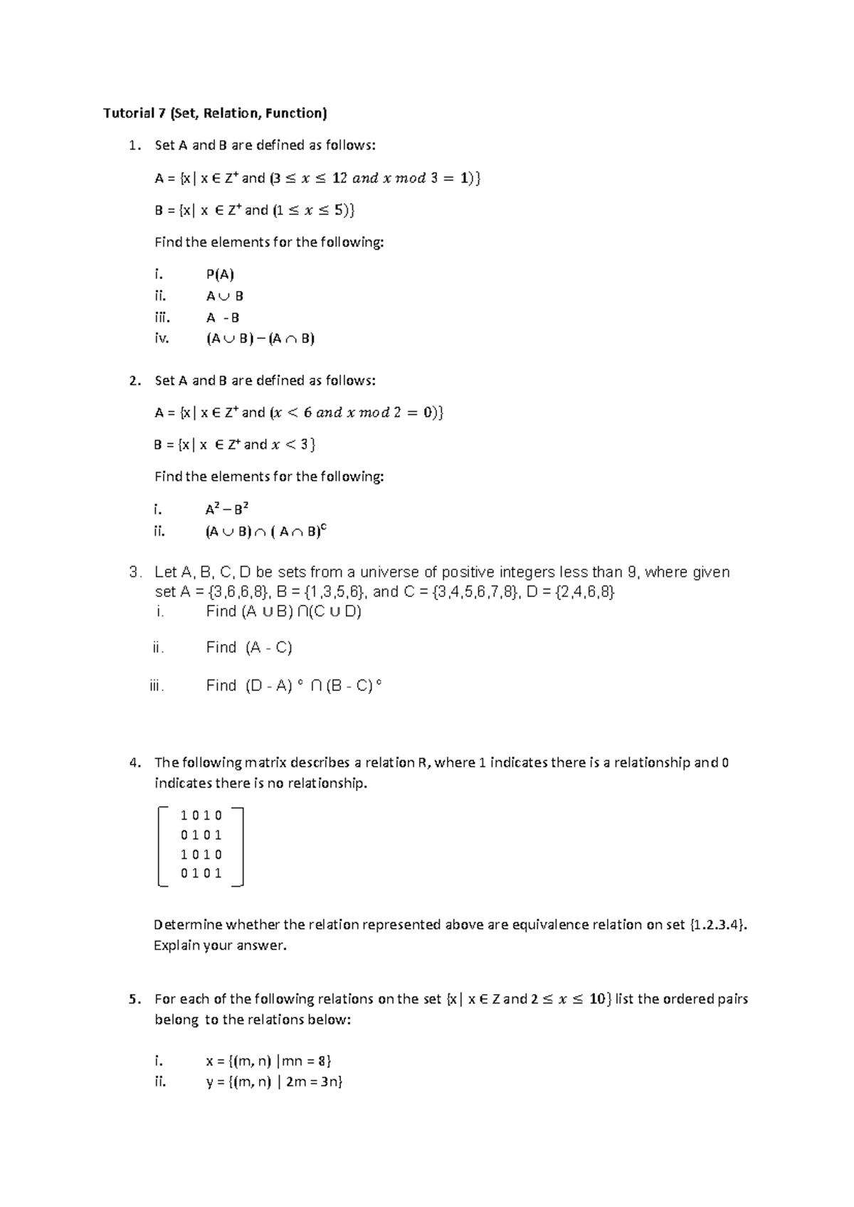 Tutorial 7: Sets, Relations, and Functions Analysis - Studocu