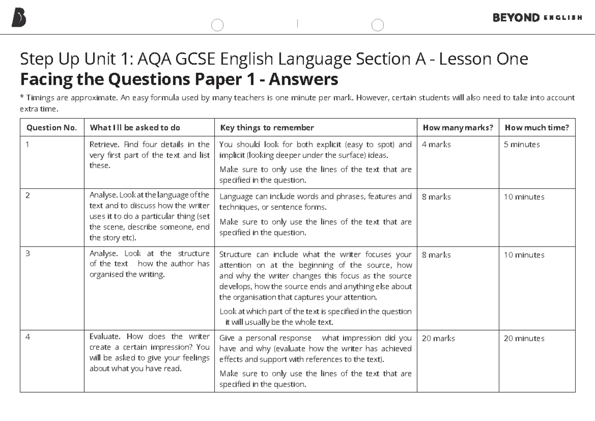 Step Up Unit 1: AQA GCSE English Language L1 Paper 1 Q&A Guide - Studocu