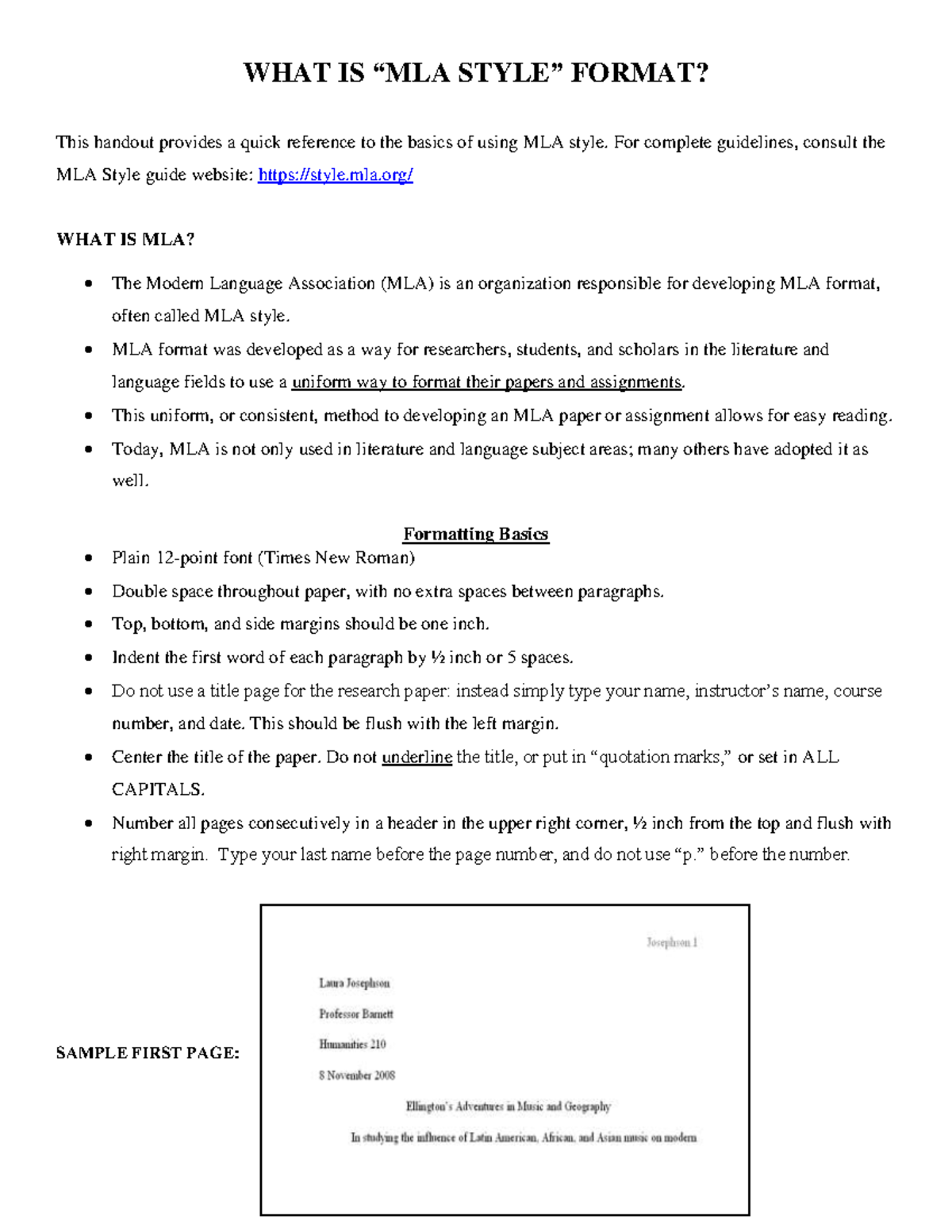 MLA Style Format Quick Reference Guide - Cheat Sheet - Studocu