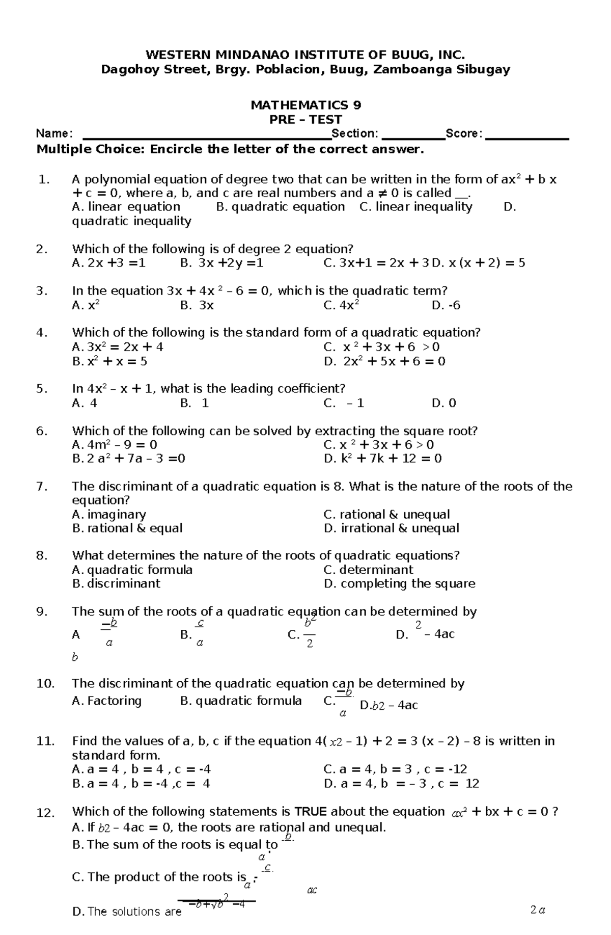 Grade 9 Math 9 Pre-Test: Quadratic Equations & Functions - Studocu