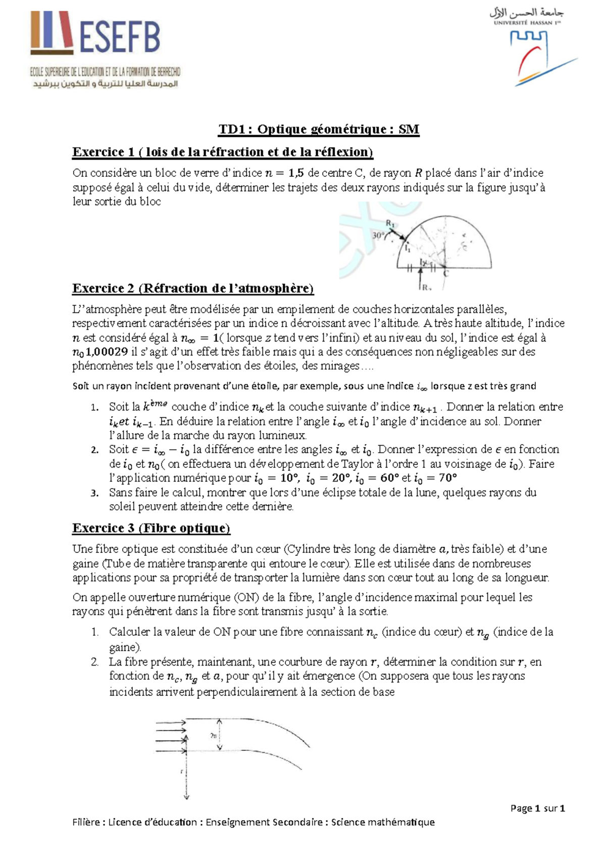 TD1 : Optique géométrique - Exercice 1 à 3 sur la réfraction et ...