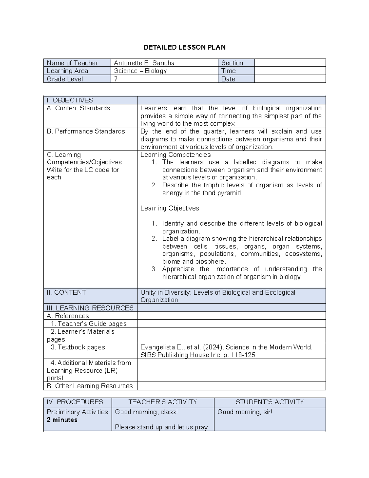 Lesson Plan on Biological & Ecological Organization (Grade 7) - Studocu