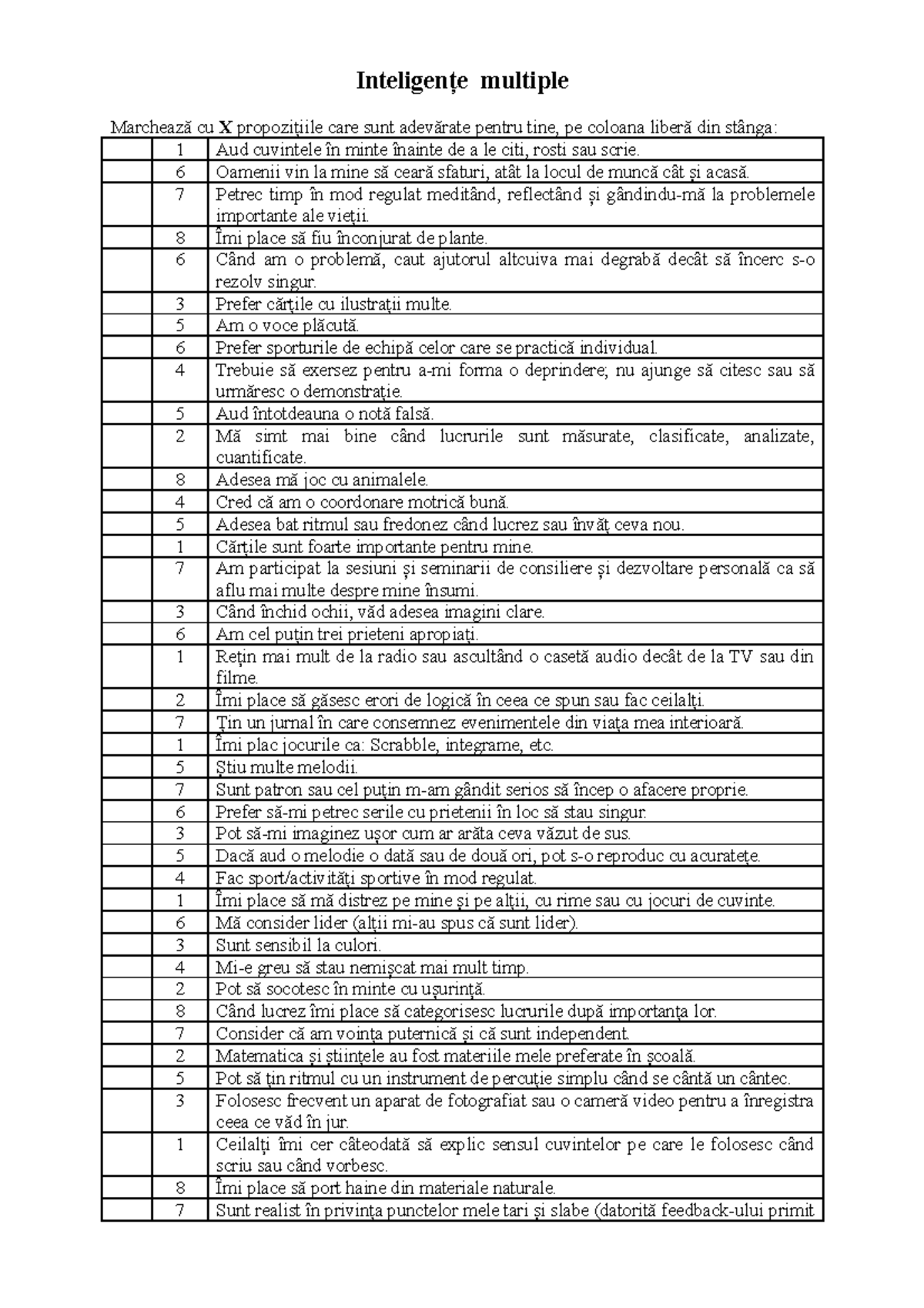 Chestionar inteligente-multiple Howerd Gardner - Inteligențe multiple Marchează cu X ...