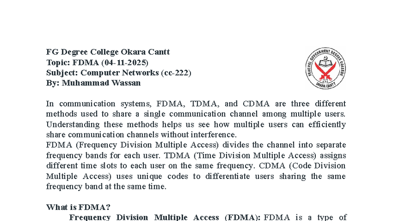 FDMA Notes: Understanding Frequency Division Multiple Access - Studocu