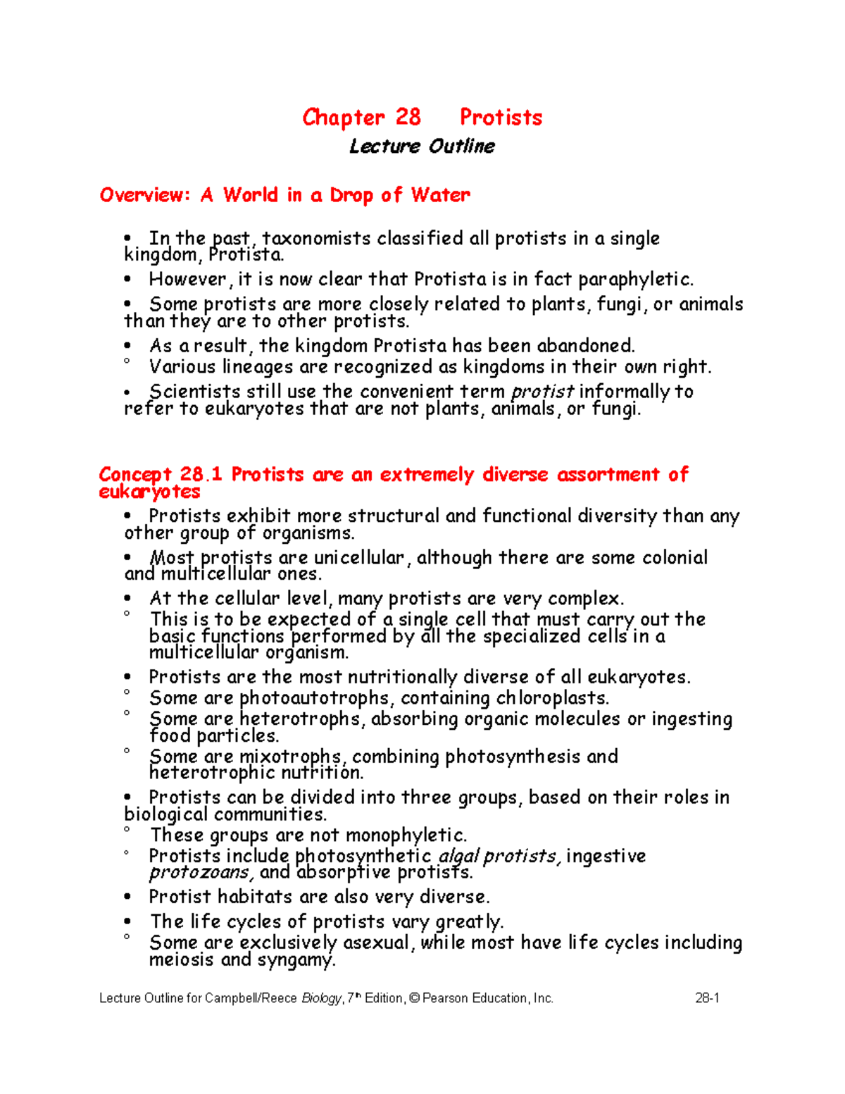 Biology Chapter 28 Lecture Notes: Understanding Protists and Their ...