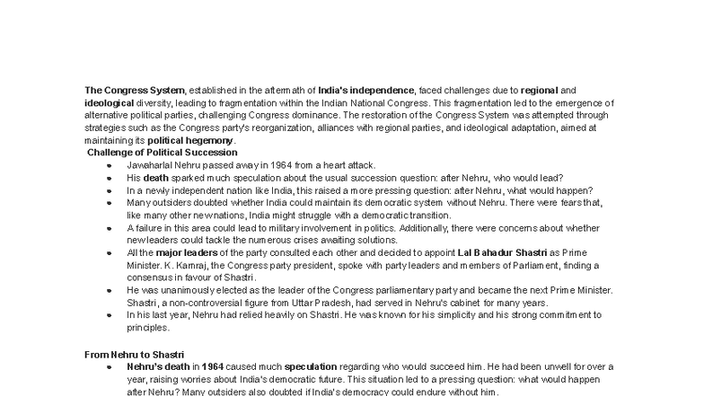 Political Science Class 12 CBSE Notes: The Congress System & Leadership ...