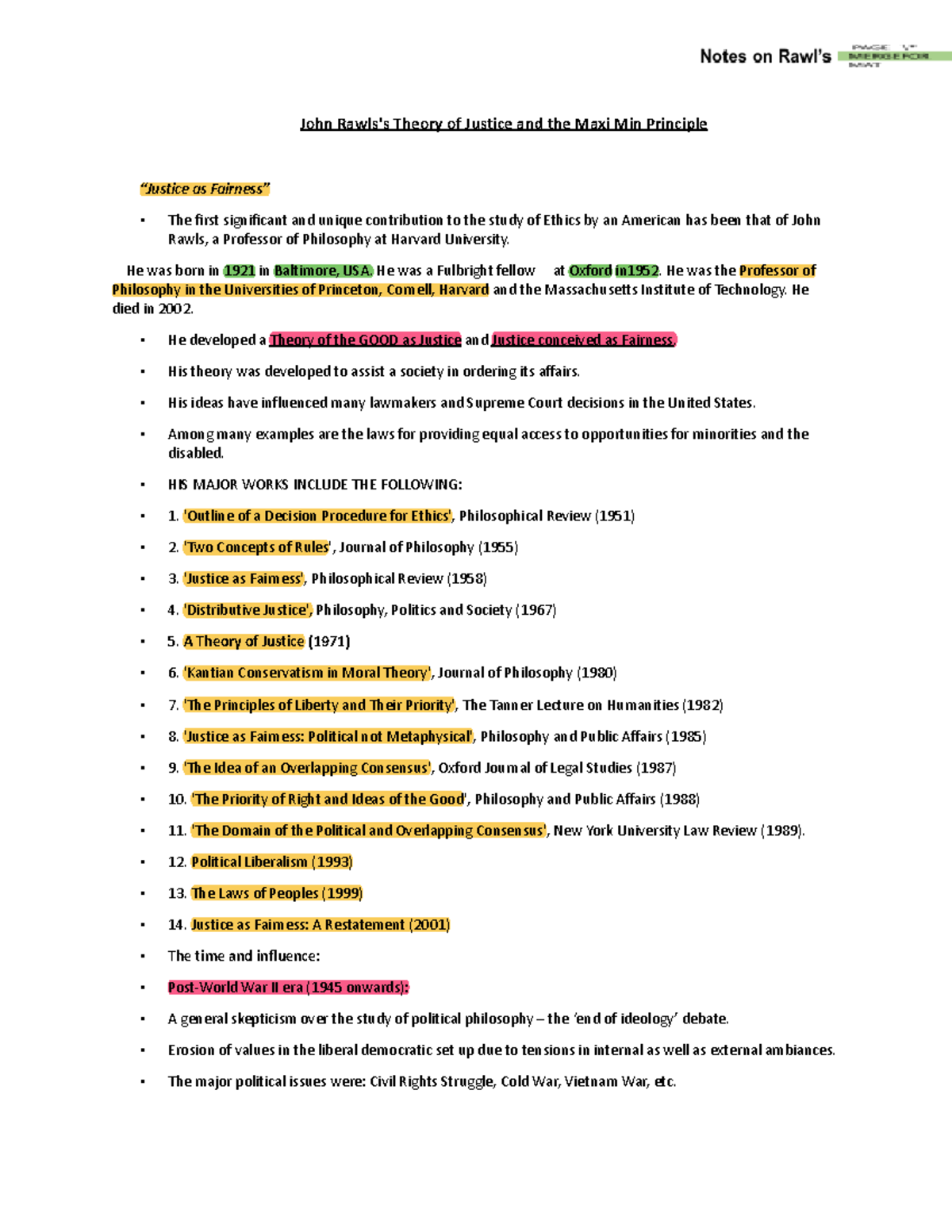 Notes on Rawls' Theory of Justice and the Maxi Min Principle (PHIL 101 ...