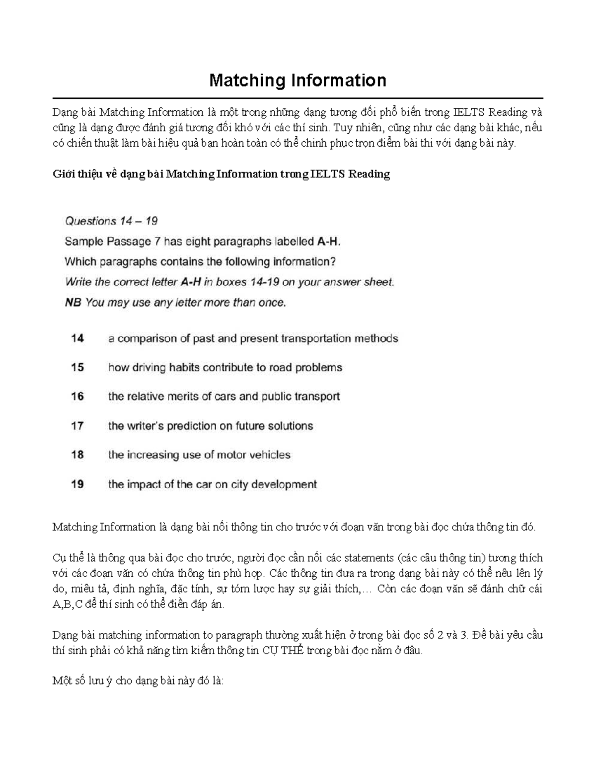 Matching Information Strategies for IELTS Reading - IELTS - Studocu
