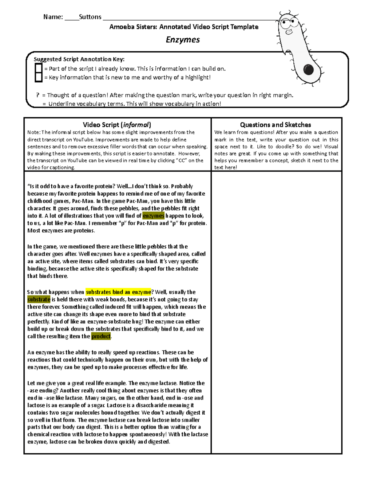 Amoeba Sisters Enzymes Annotated Video Script Template - Studocu