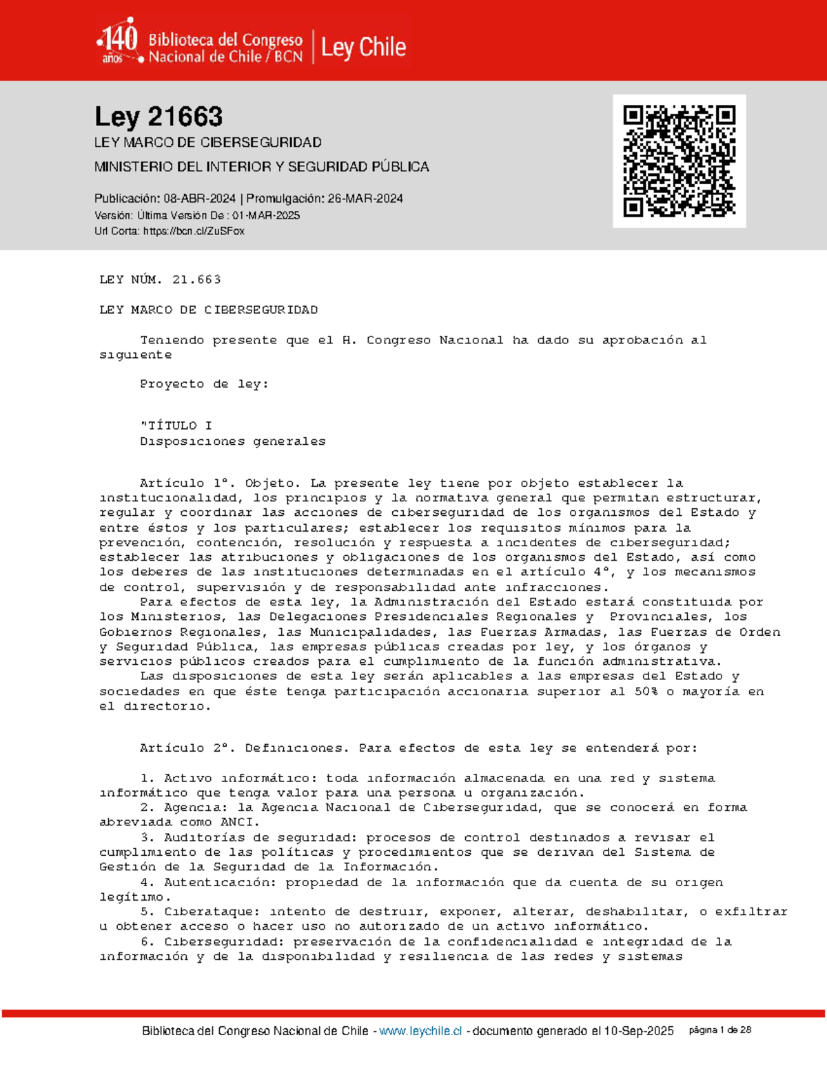 Ley 21.663: Marco de Ciberseguridad - Análisis y Disposiciones - Studocu