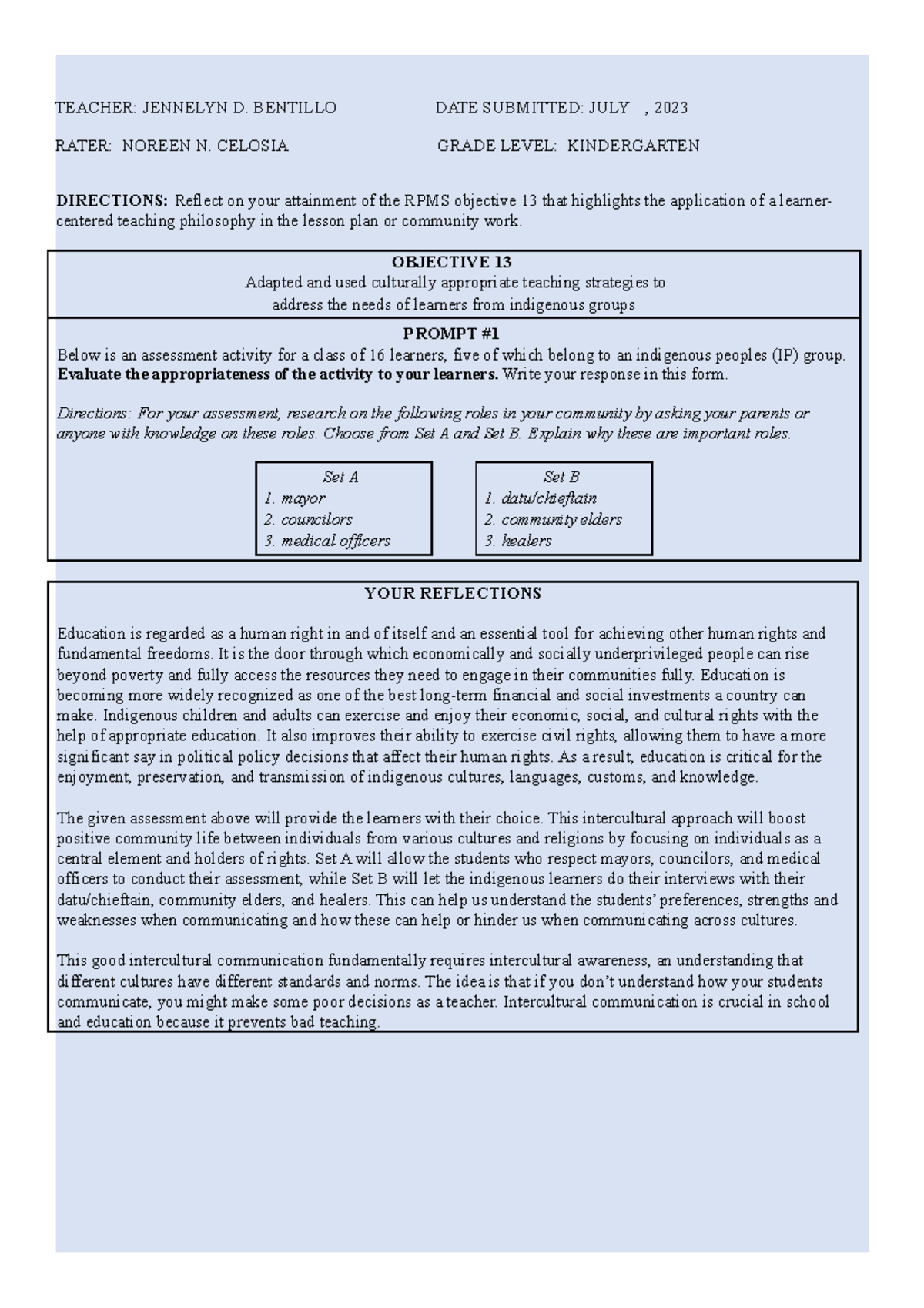 TRF Teacher Reflection on RPMS Objectives 10 & 13 - 2nd Quarter - Studocu