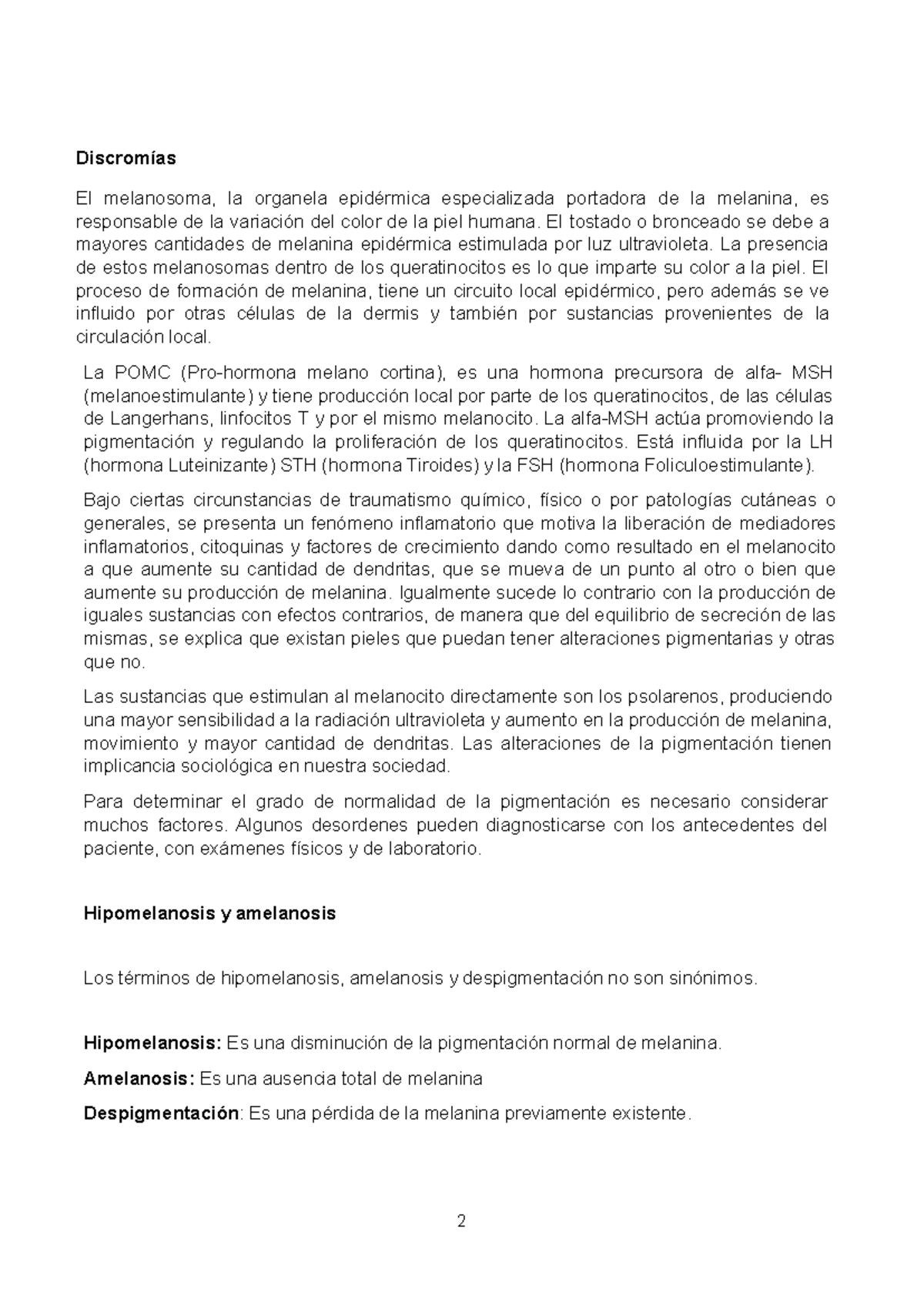 Discromías y Alteraciones de la Pigmentación en la Piel - Studocu