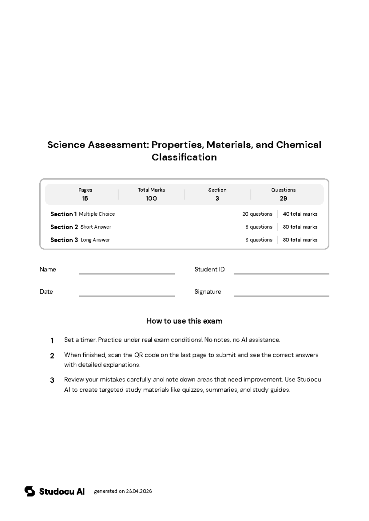 Science Assessment: Properties, Materials, and Chemical Classification ...