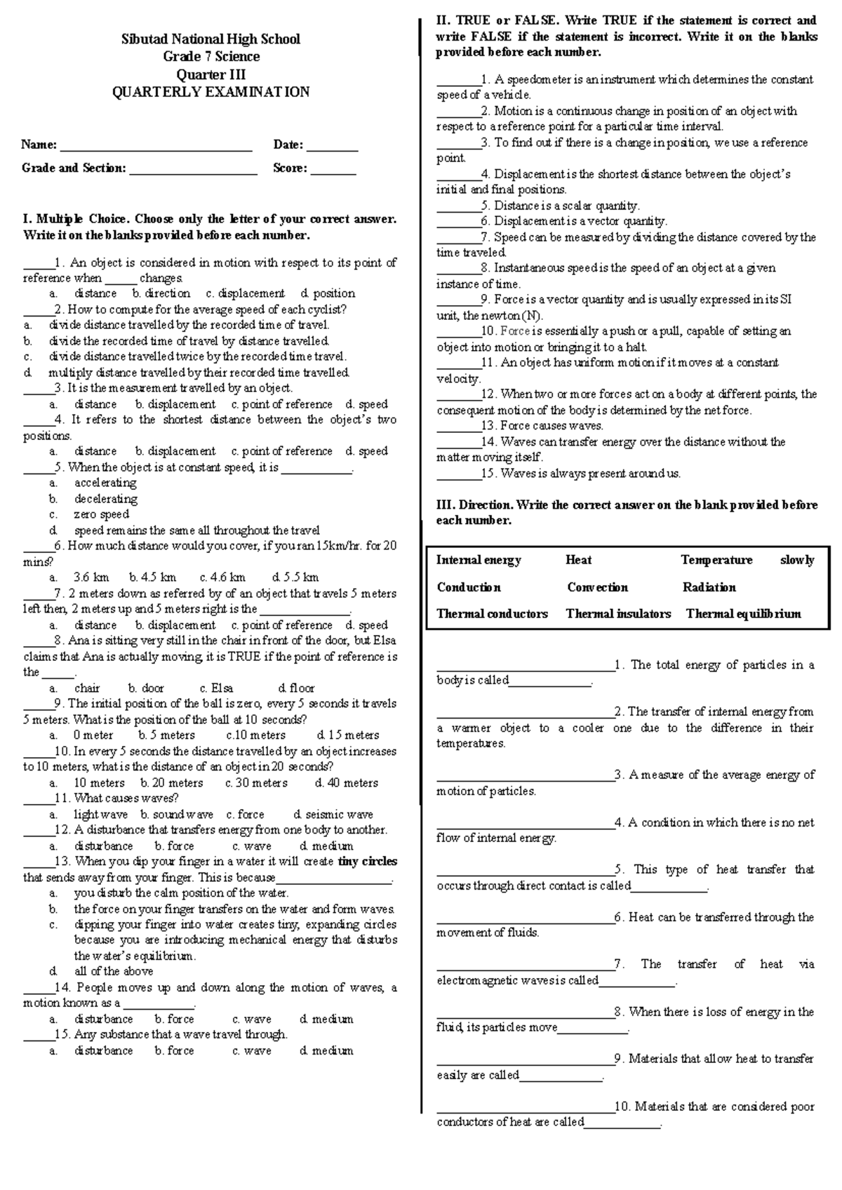 G7 SCI 3RD Quarter Exam Review: Motion & Waves Concepts - Studocu