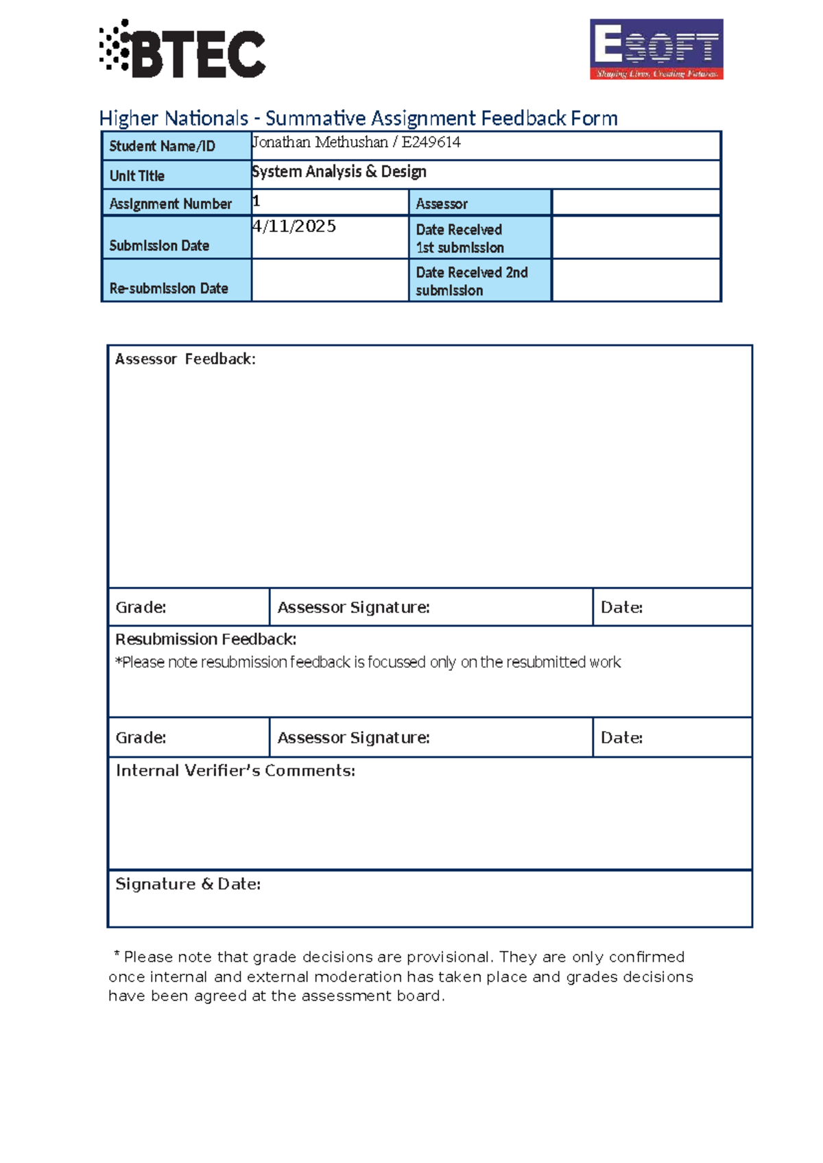Unit 35: System Analysis Design - Summative Assignment Feedback Form ...
