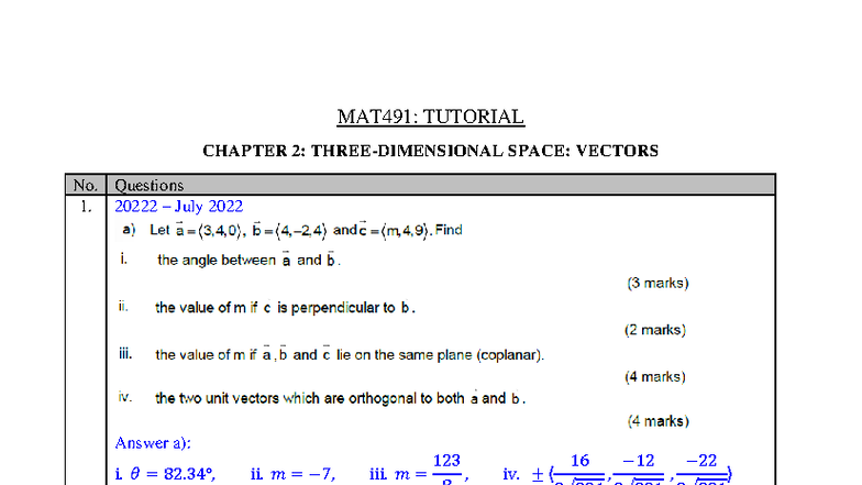 MAT491: Tutorial Chapter 2 - Space and Vectors Questions - Studocu