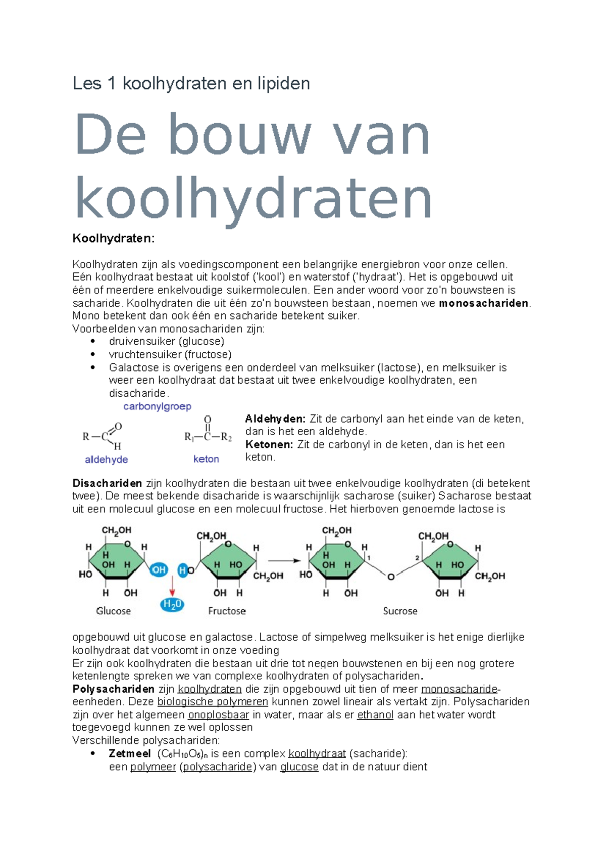 Koolhydraten en Lipiden - Les 1 van Biochemie (BIO101) - Studeersnel