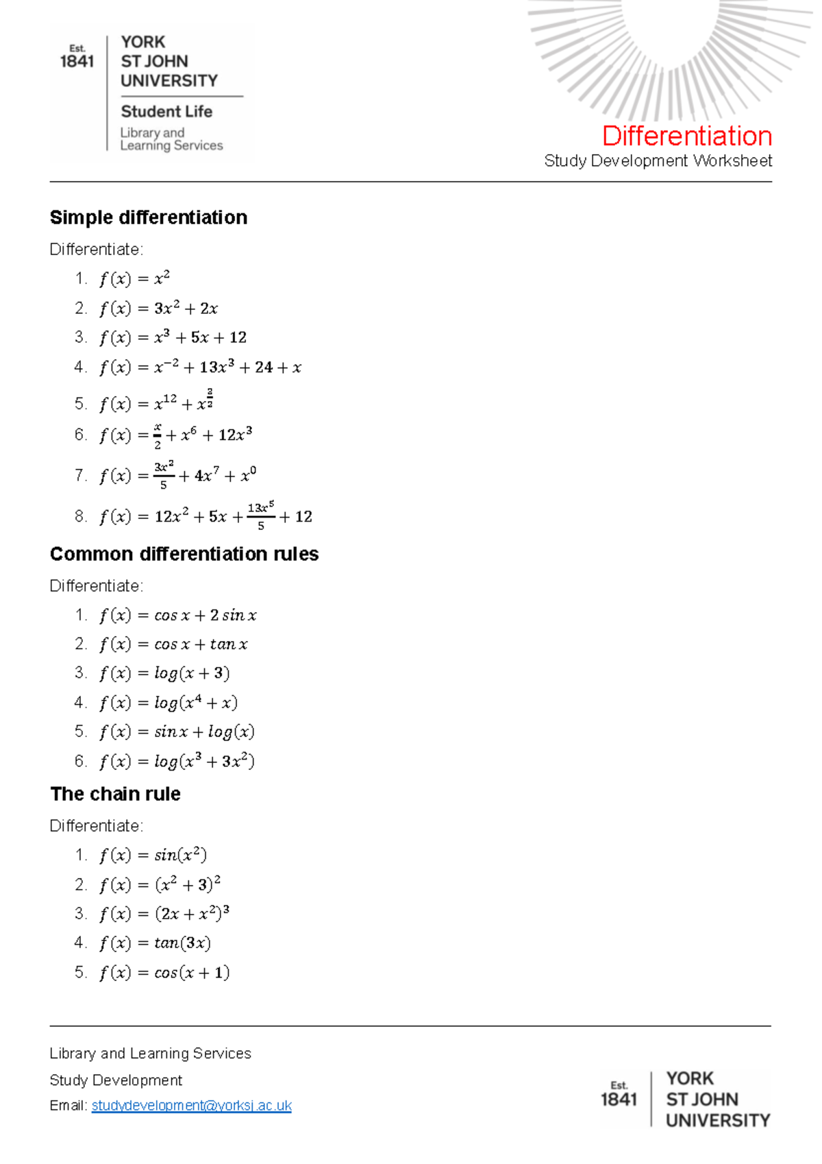 Differentiation Worksheet: Simple & Common Rules - Studocu