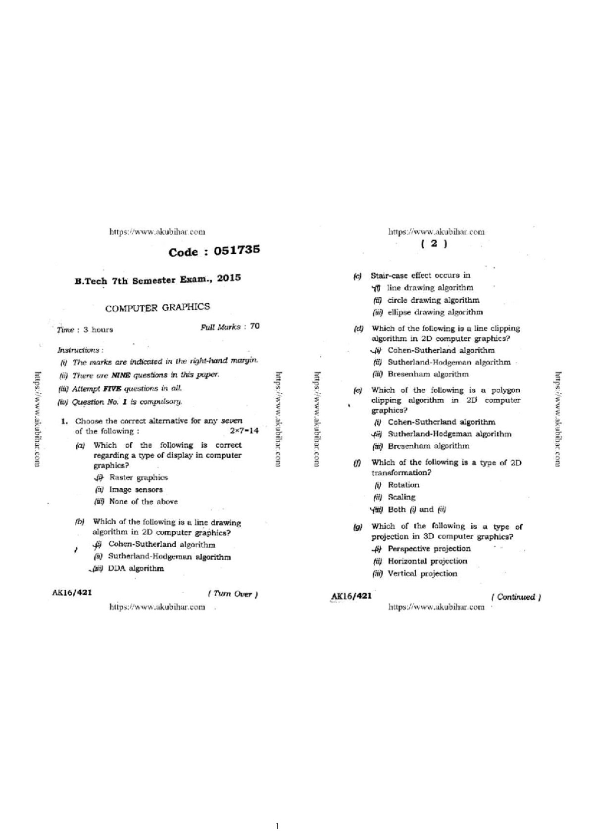 B.Tech 7th Sem Computer Graphics Exam Paper - 2015 (Code: 051735) - Studocu