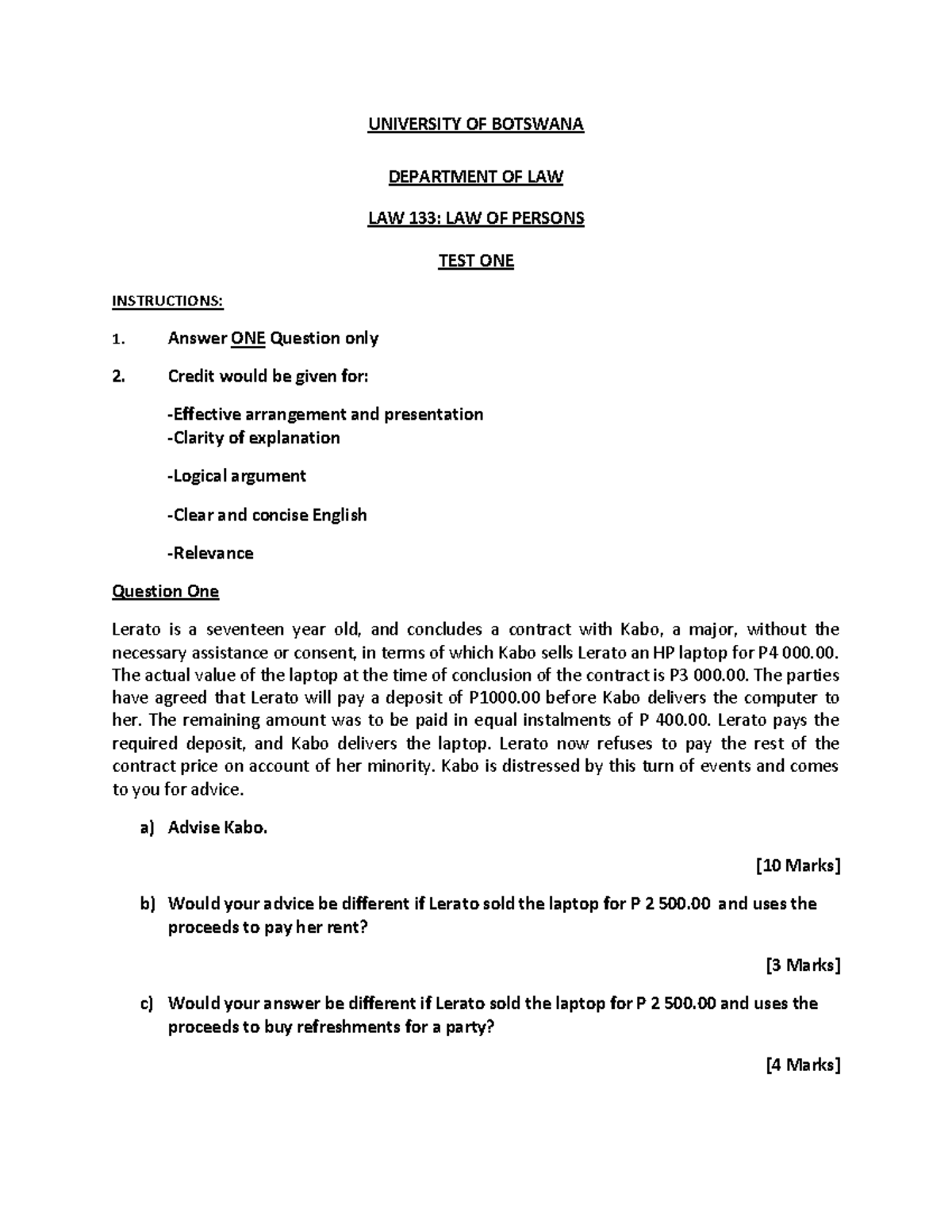 LAW 133 TEST 1 2013 - UNIVERSITY OF BOTSWANA DEPARTMENT OF LAW LAW 133 ...