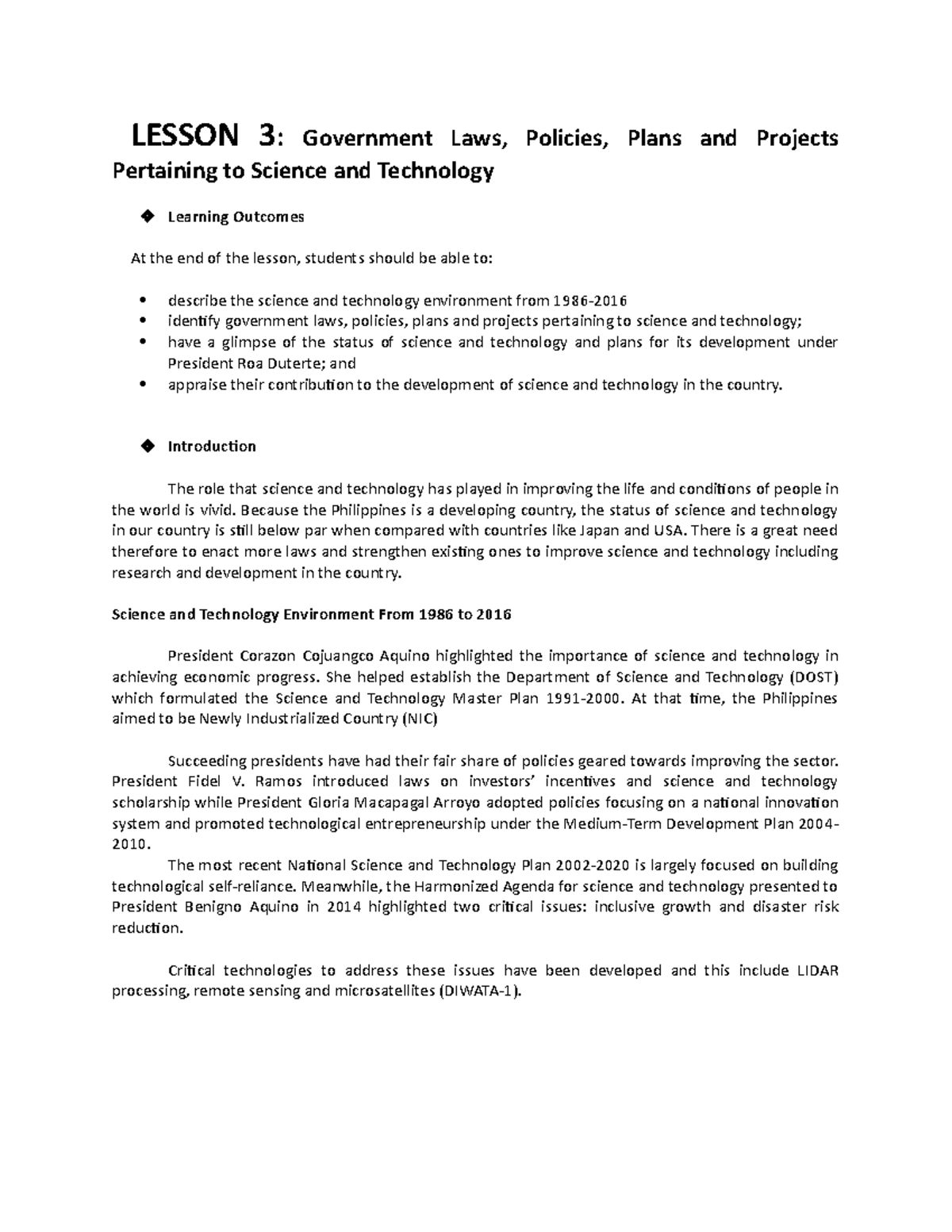 Chapter 1 Lesson 3-Science, Technology and Society or (STS) - LESSON 3: Government Laws ...