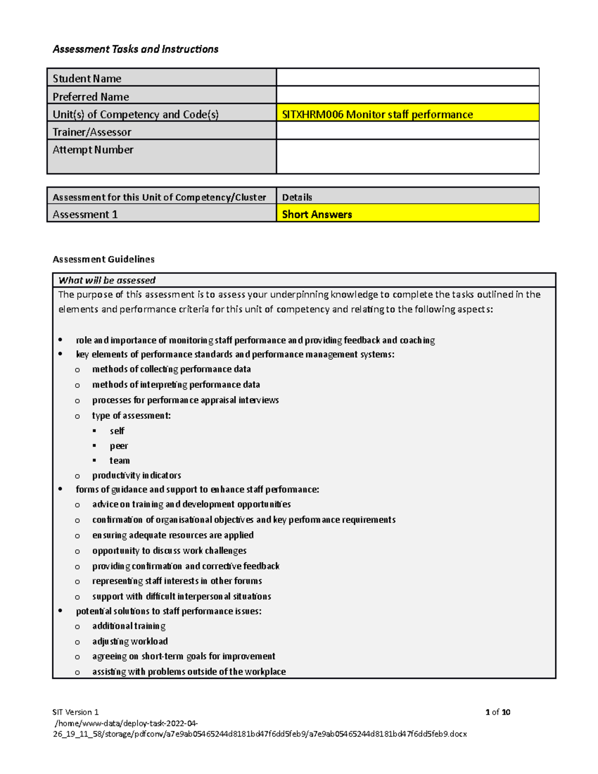 Assessment 1yes - Assessment Tasks and Instructions Student Name ...