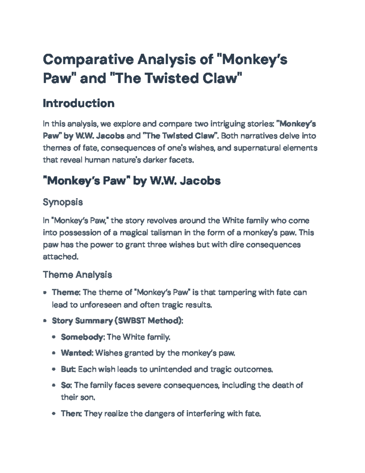 Comparative Analysis of "Monkey's Paw" and "The Twisted Claw" - Essay ...