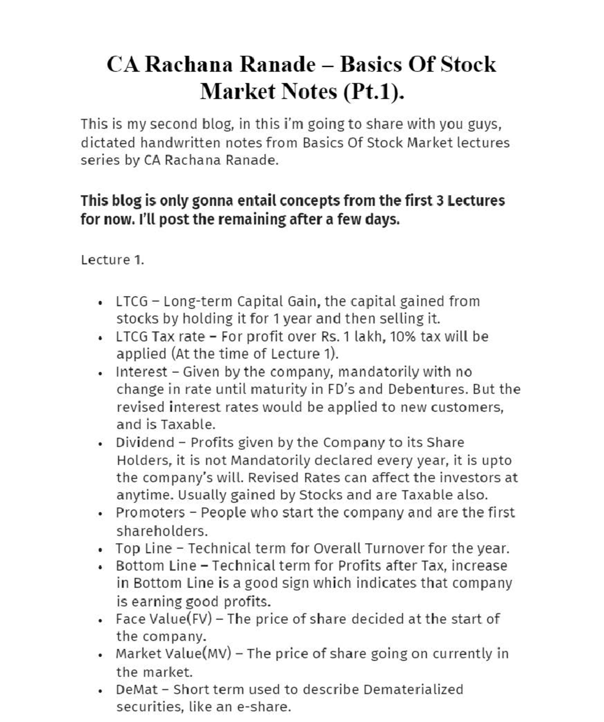 Basics of Stock Market Lecture Notes - CA Rachana Ranade (1-3) - Studocu