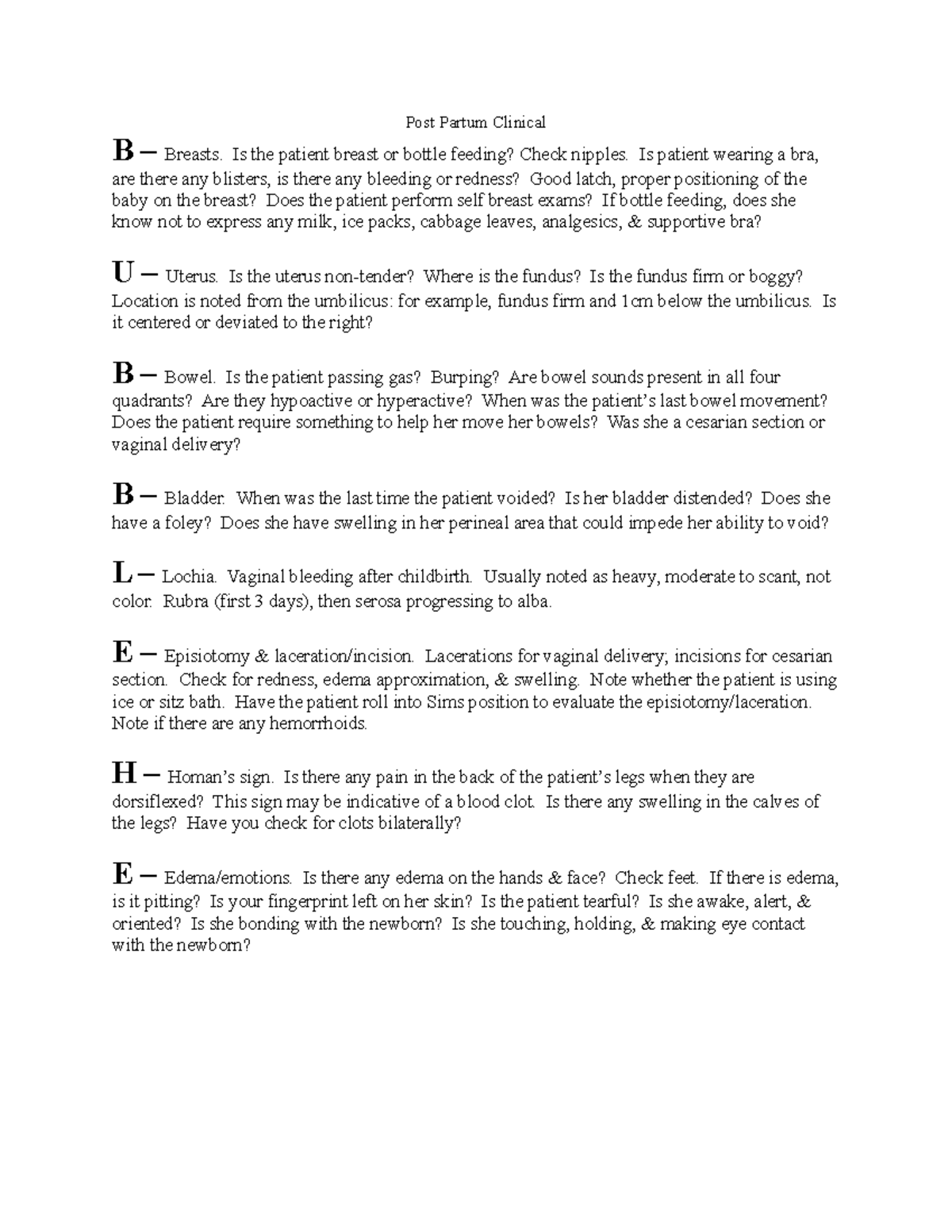 Maternal-Newborn Nursing - BUBBLEHE Assessment Guide for Postpartum ...