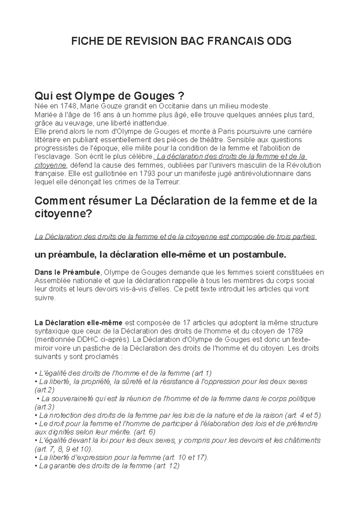 Révision BAC FR : Olympe de Gouges et La Déclaration des droits - Studocu