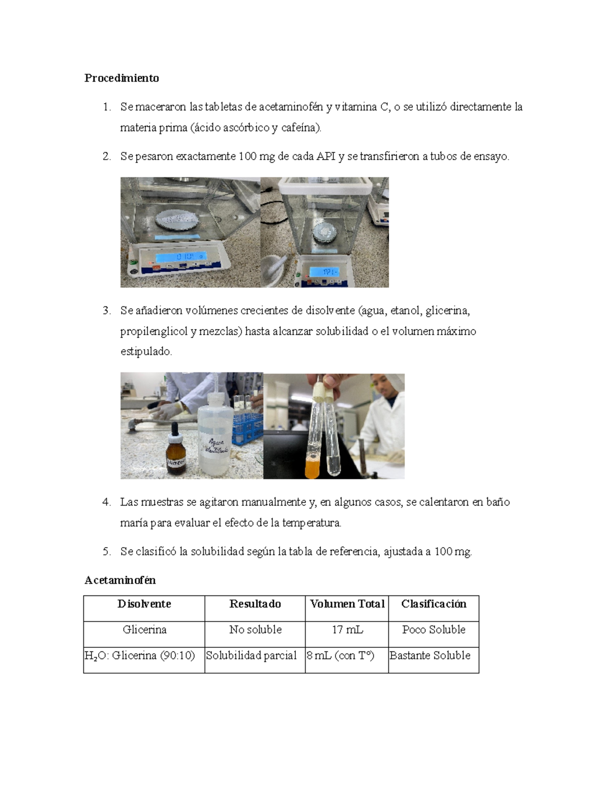 Resultados de Solubilidad de Acetaminofén y Vitamina C en Diferentes ...
