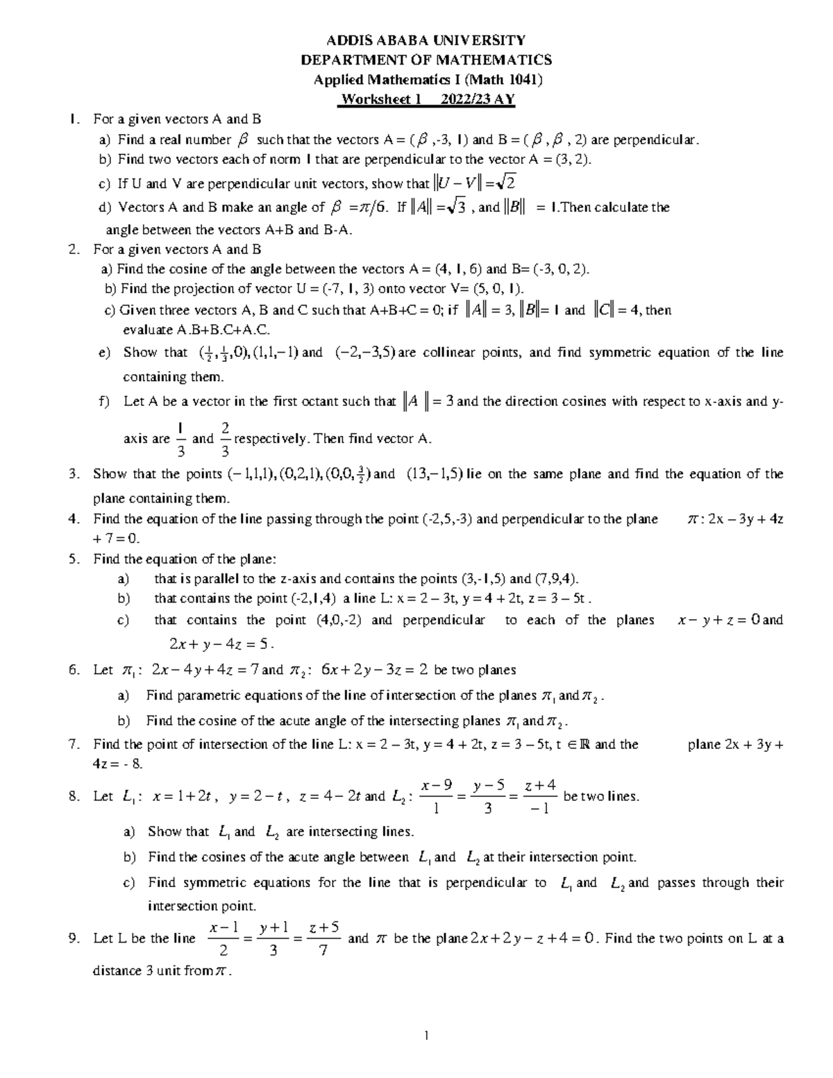 Applied Mathematics I (Math 1041) Worksheet 1: Vector Analysis Problems - Studocu