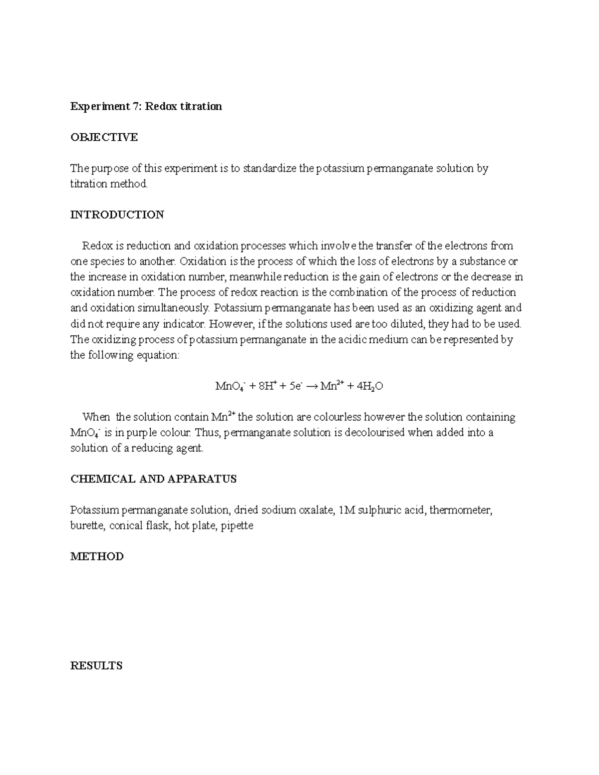 LAB Report: Redox Titration Experiment CHEM 7 - Studocu
