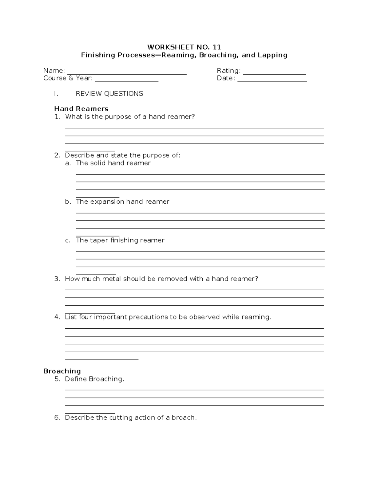 Worksheet NO11 - WORKSHEET NO. 11 Finishing Processes—Reaming ...