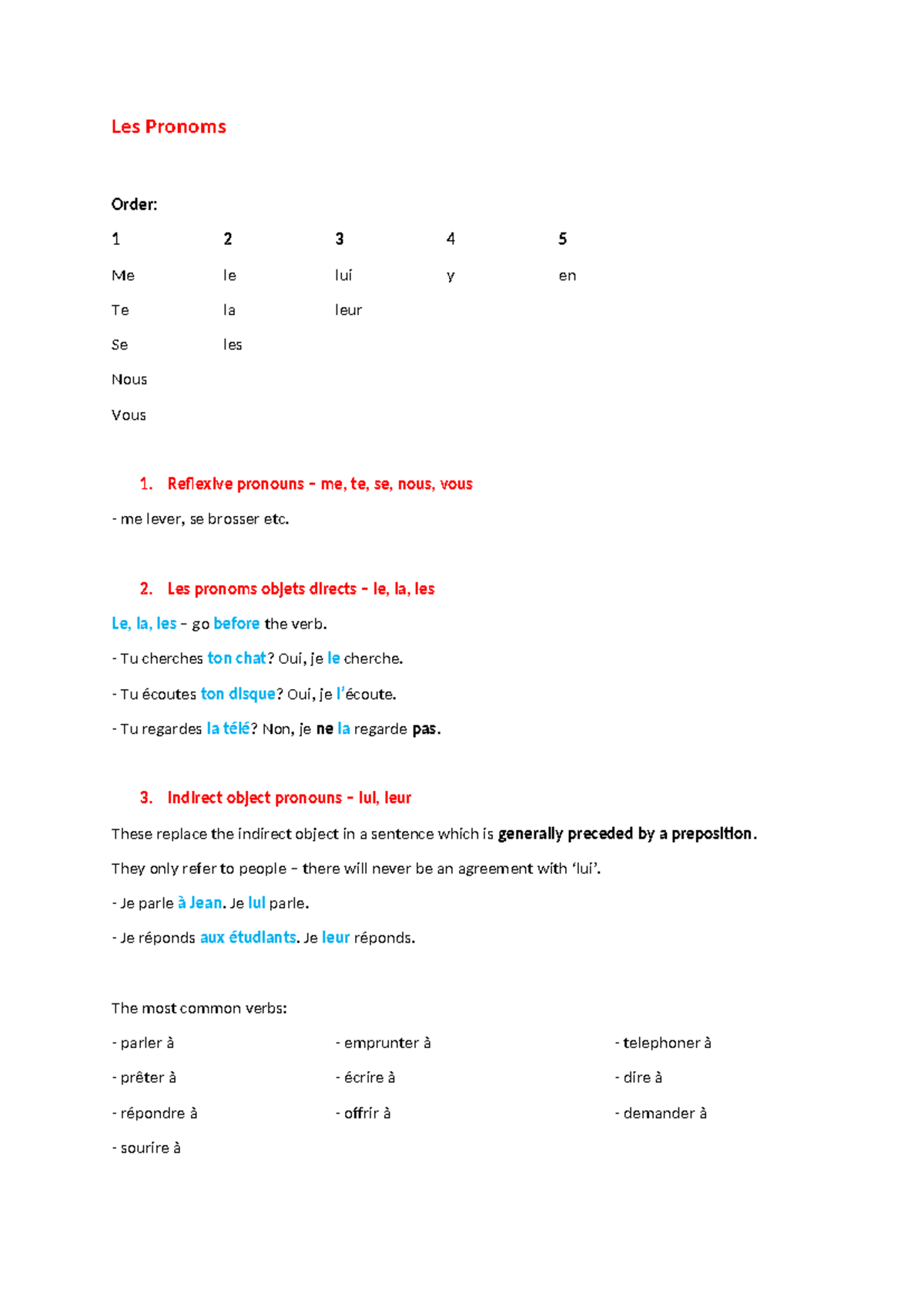 Les Pronoms - Notes on French Pronouns and Their Usage - Studocu