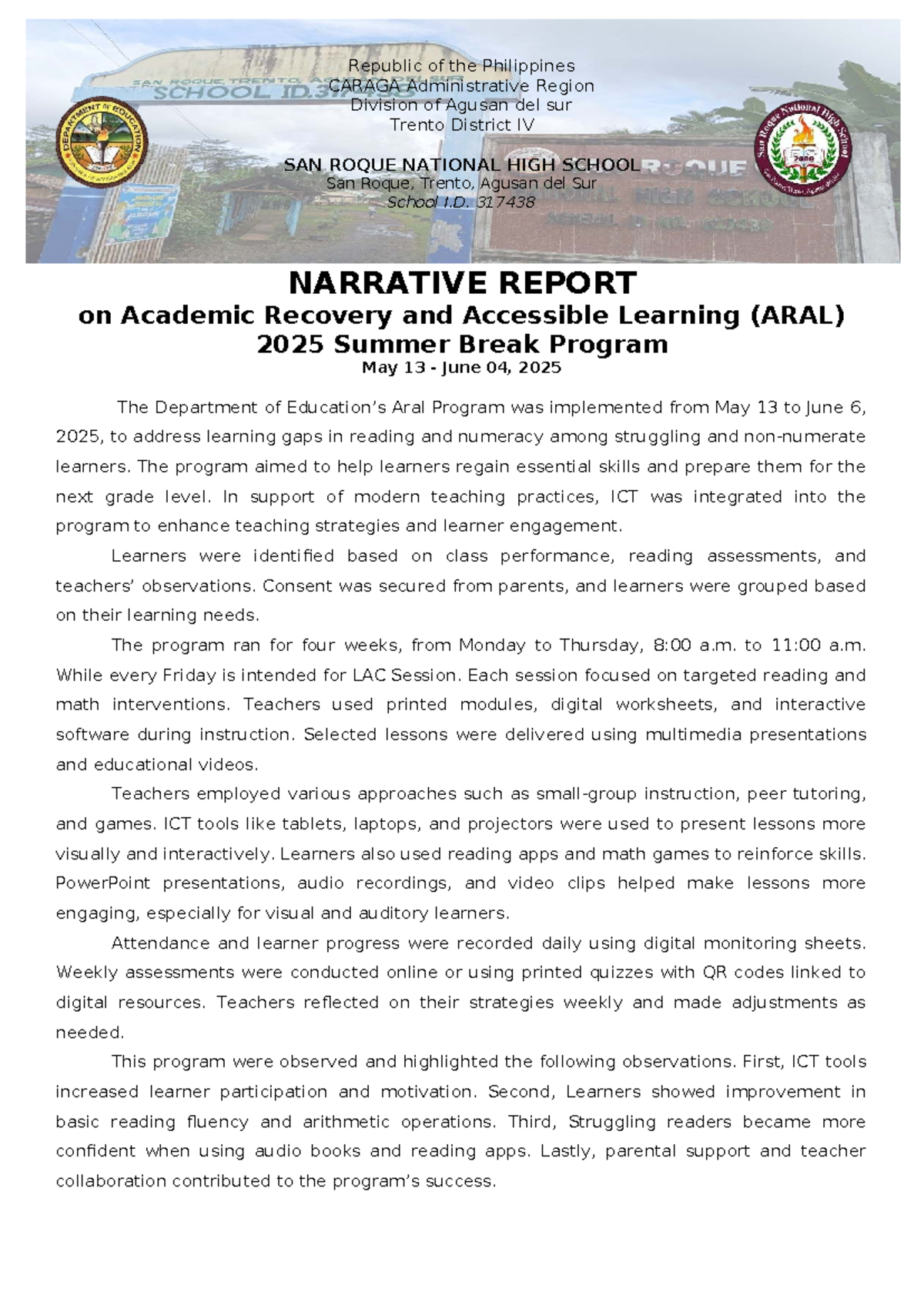 ARAL 2025 Narrative Report: Academic Recovery Program Overview - Studocu