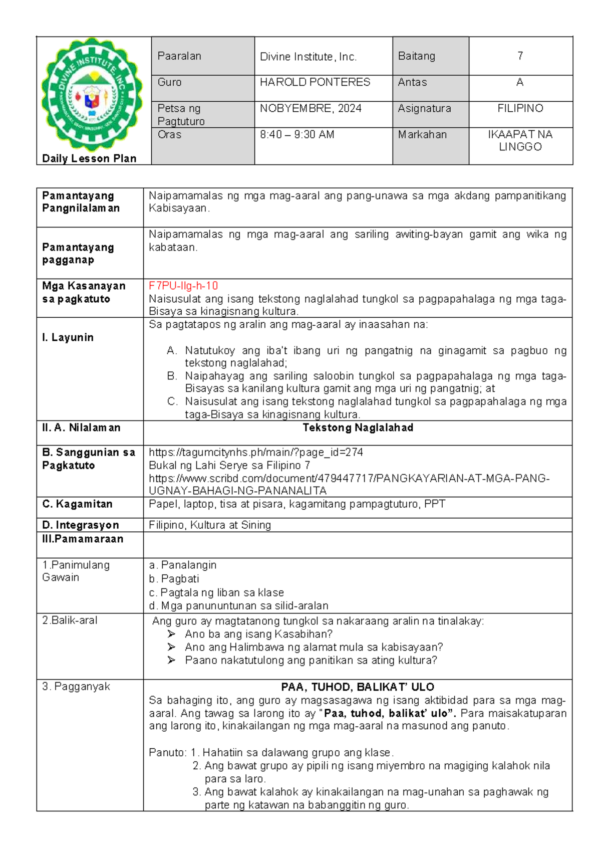 G7 - Q2 - W4 - Daily Lesson Plan in Filipino - Studocu