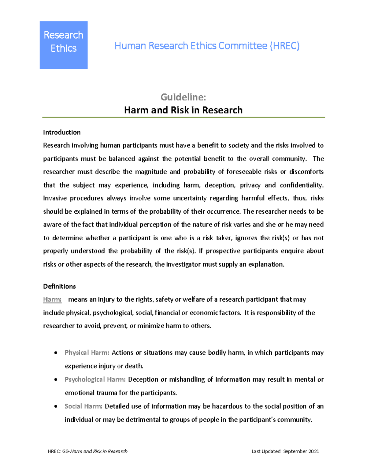 HREC 3: Guidelines on Harm and Risk in Human Research - Studocu