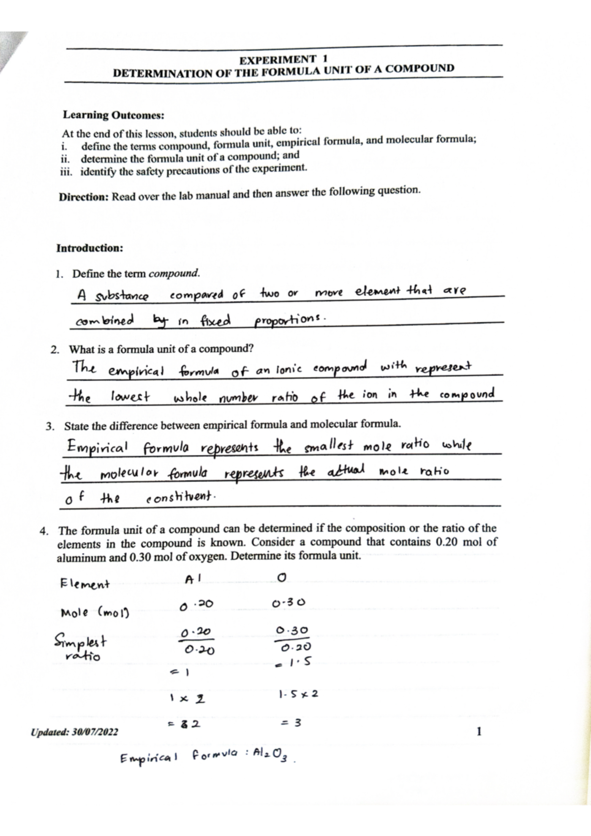 Experiment 1: Determining the Formula Unit of a Compound (SK015) - Studocu
