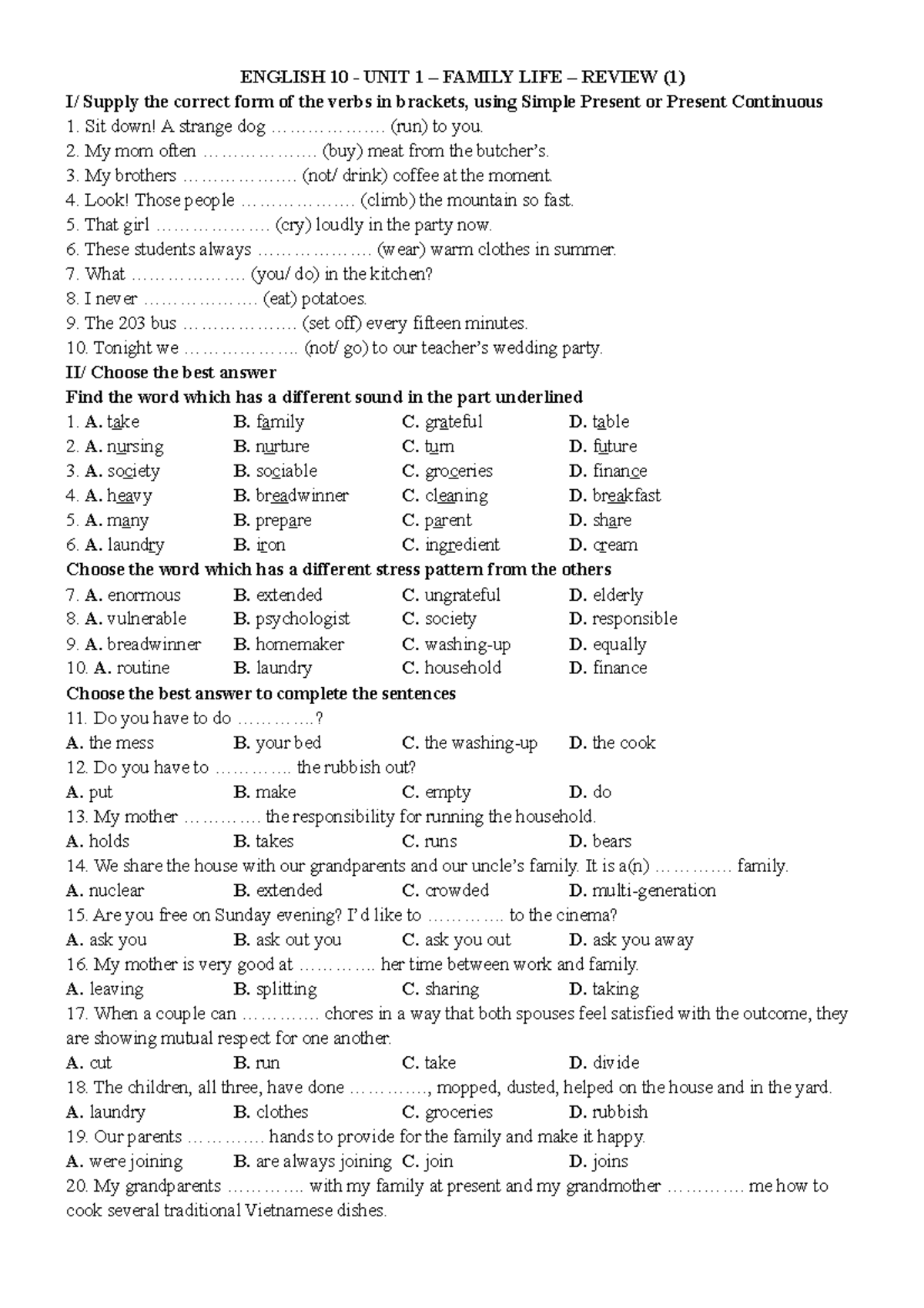 E10 - U1 - Review - ENGLISH 10 - UNIT 1 – FAMILY LIFE – REVIEW (1) I ...