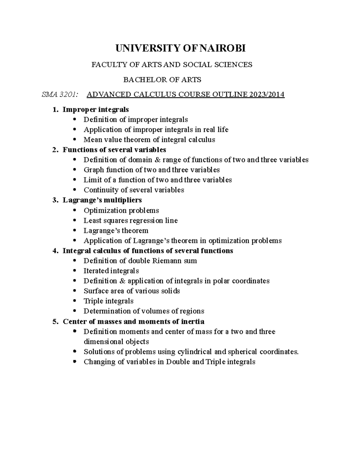 SMA3201-Advanced Calculus Course Outline and Key Topics 2023 - Studocu
