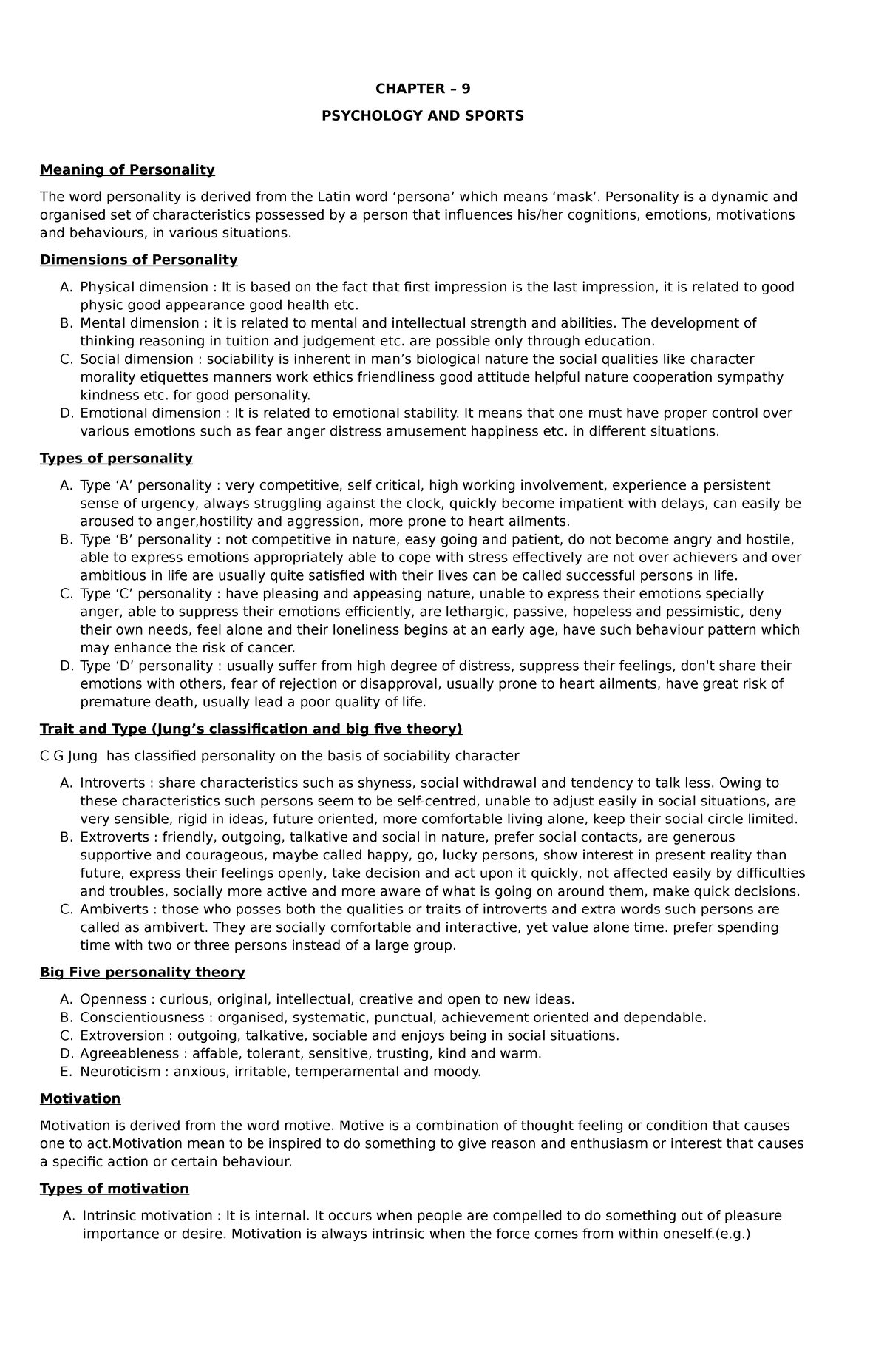 CHAPTER 9: PSYCHOLOGY AND SPORTS - Understanding Personality Dimensions ...