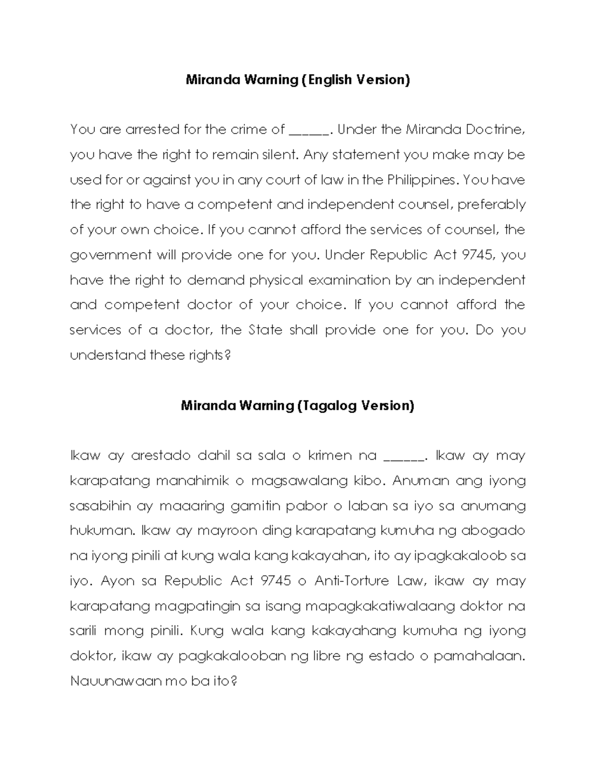 Miranda Rights: English and Tagalog Versions Explained - Studocu